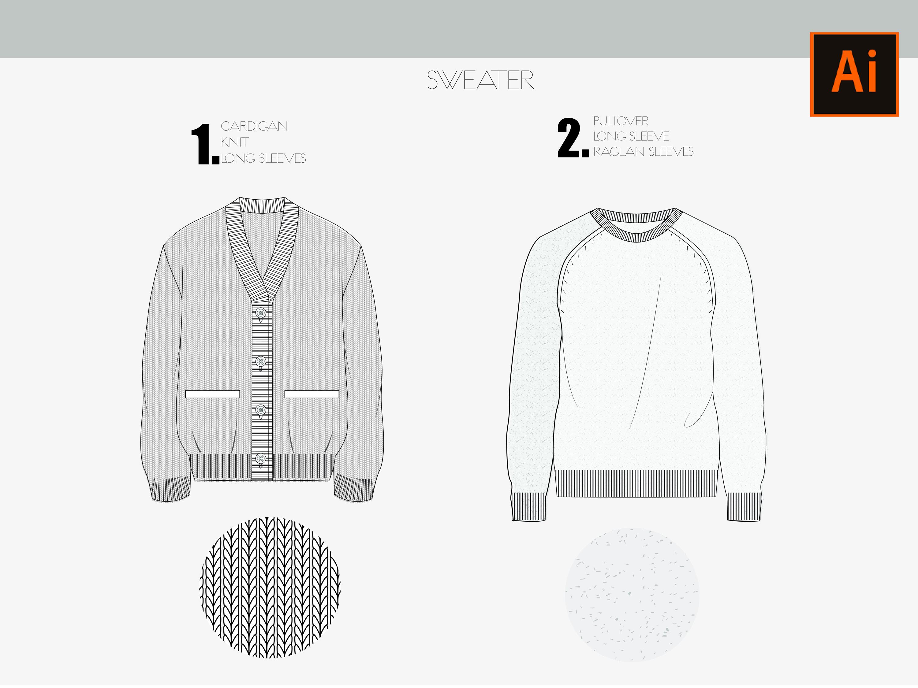 Fashion CAD Template | Adobe Illustrator Sketch:cardigan and Crewneck ...