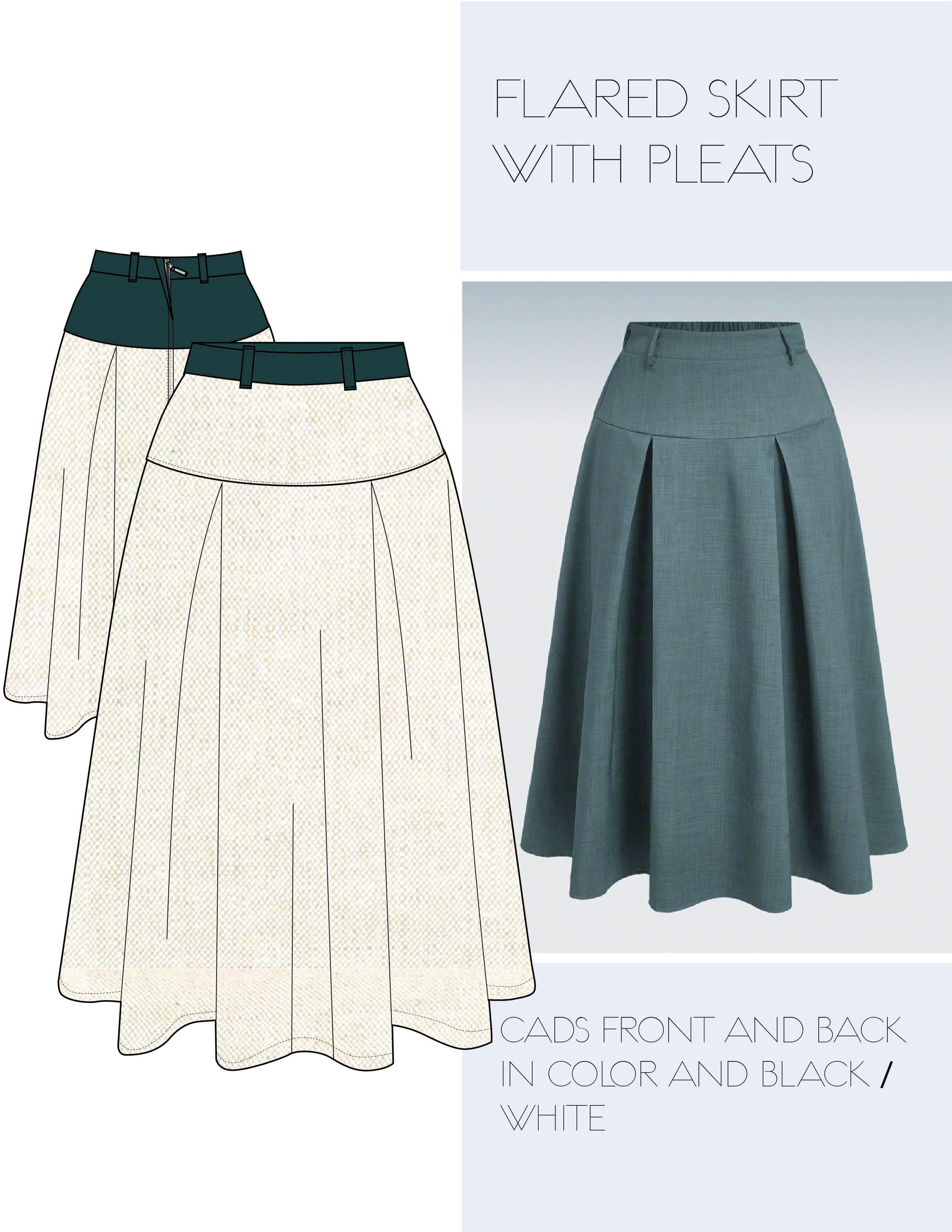 Flared Skirt With Pleats and Yoke, Belt Loops and Back Zipper CAD ...