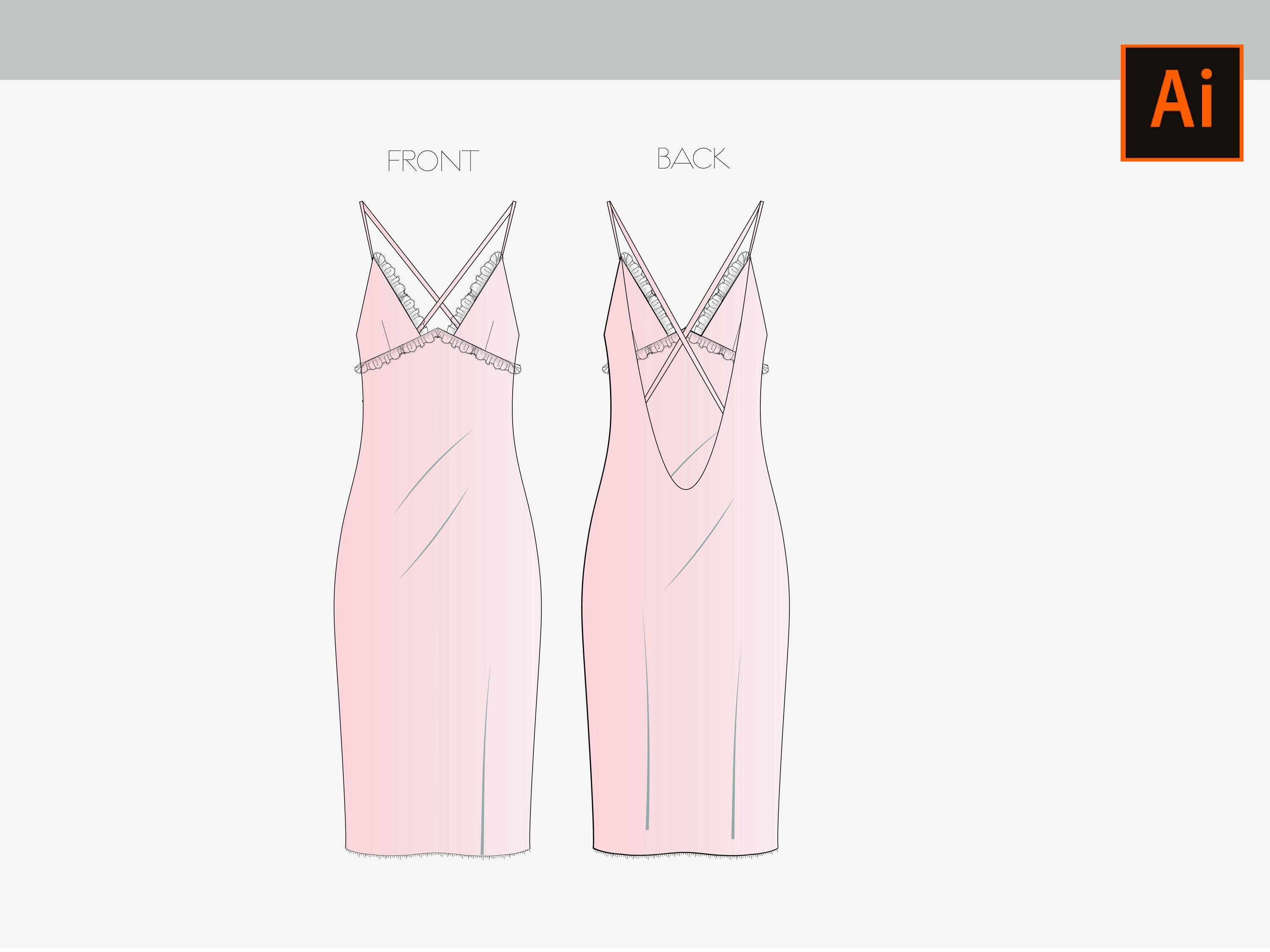 Fashion CAD Template: Lace Slip Dress Vector Sketch (AI, PNG) - Etsy