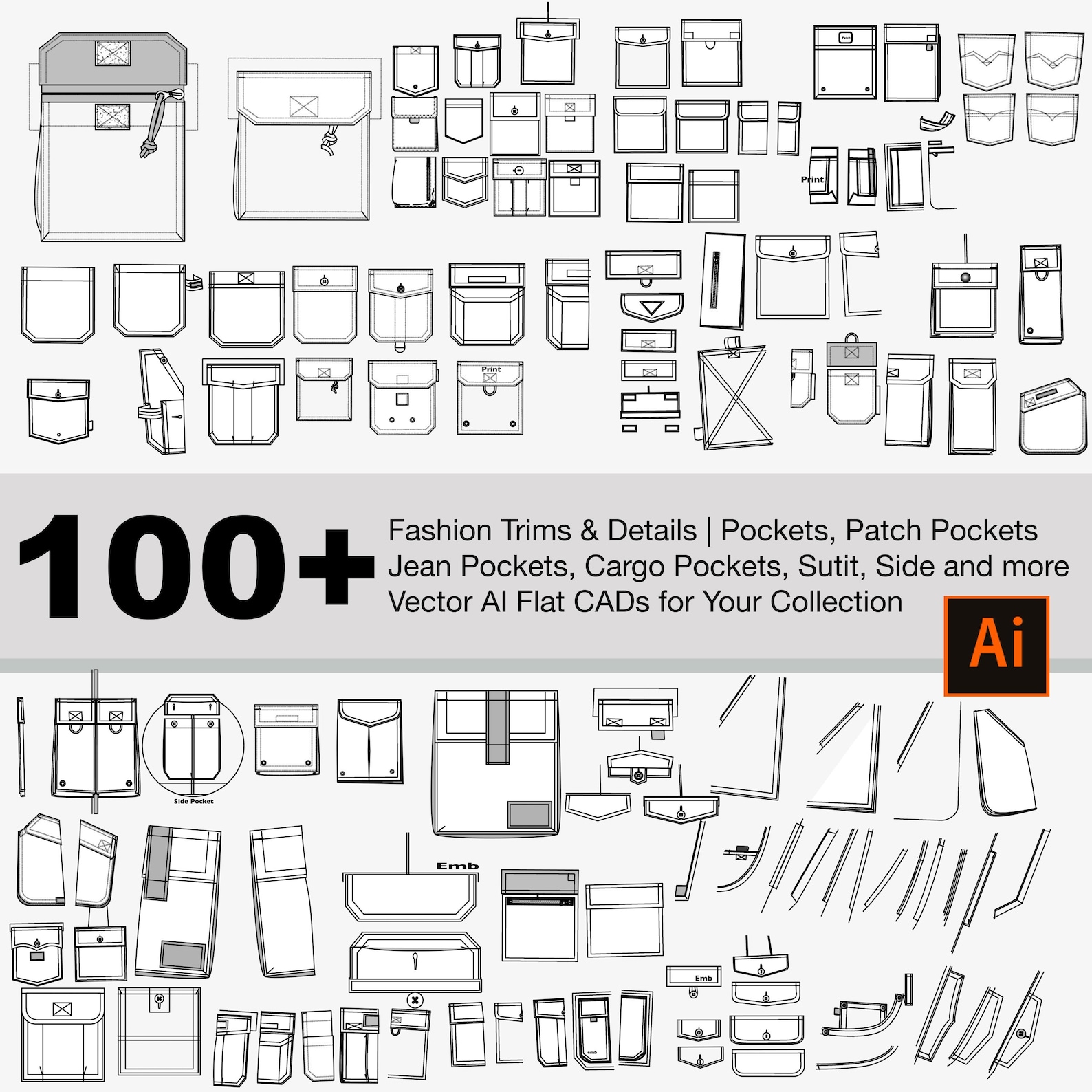 100+ Illustrator Fashion Trims Collection: Pockets Patch Pockets, Jean Pockets, Suit, Cargo ...