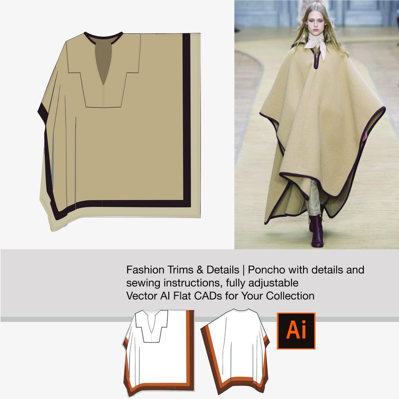 Fashion CAD Template | Adobe Illustrator Sketch: Poncho Front and Back ...