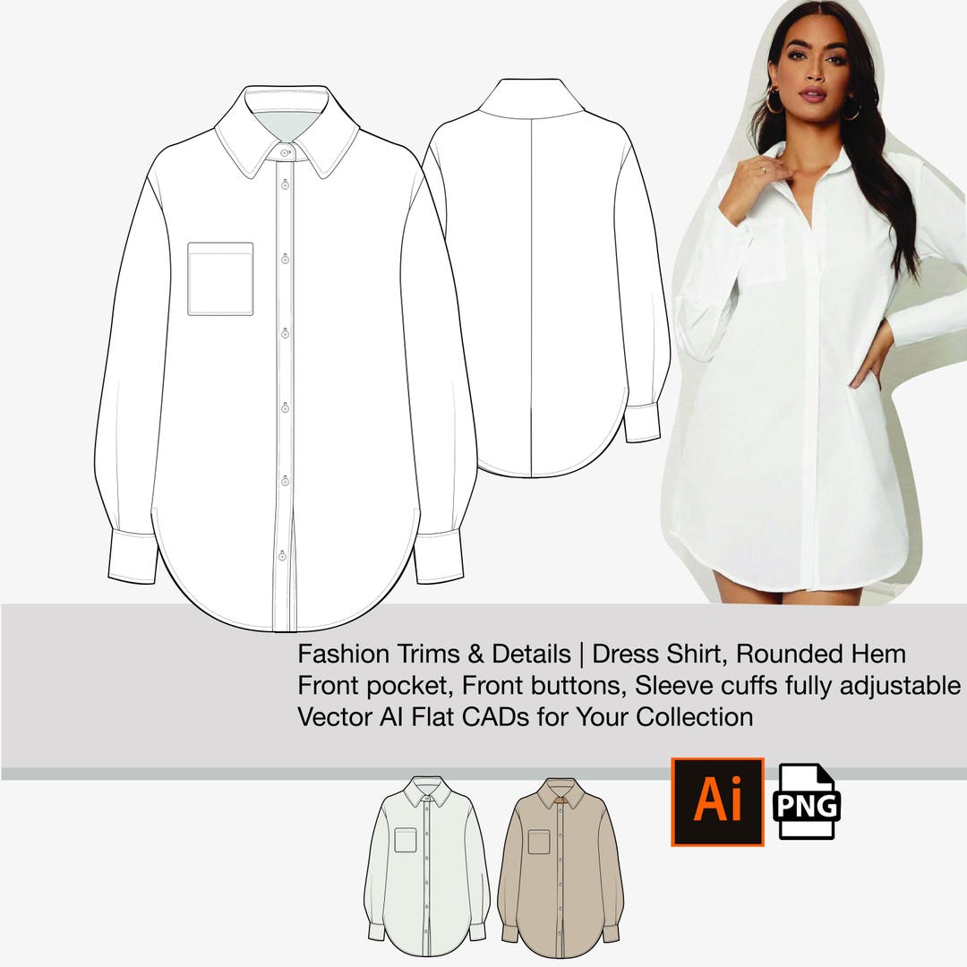 Fashion CAD Template | Adobe Illustrator Sketch: Dress Shirt- AI, and ...