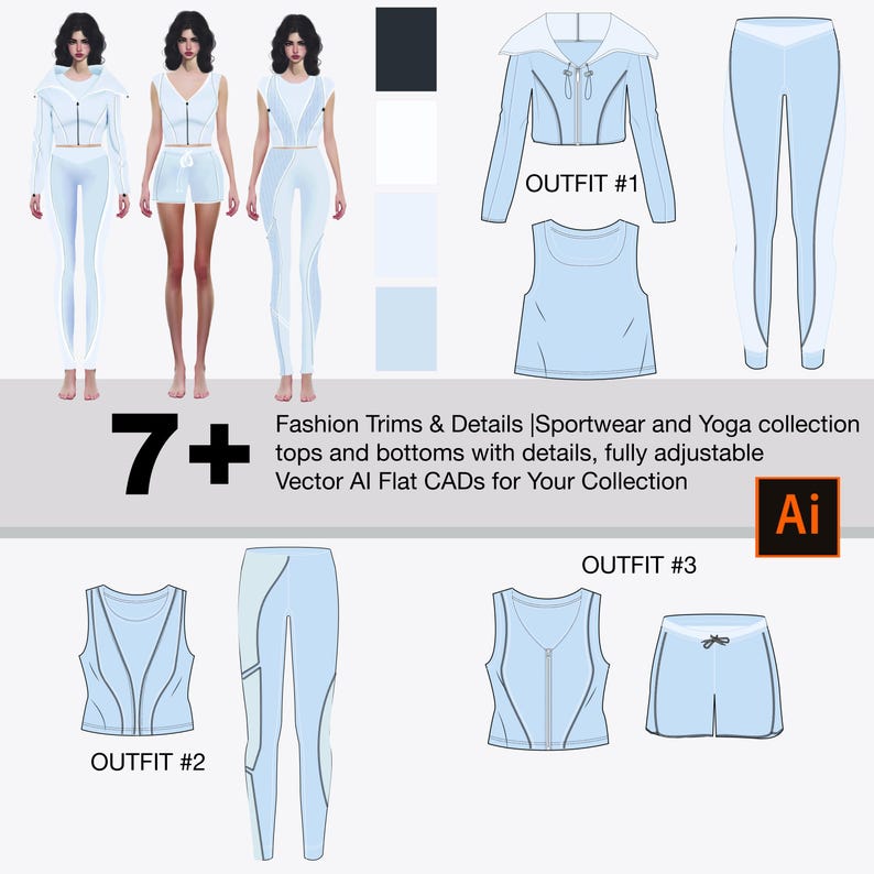 Fashion CAD Template | Adobe Illustrator Sketch: 7 Styles Tops, and ...
