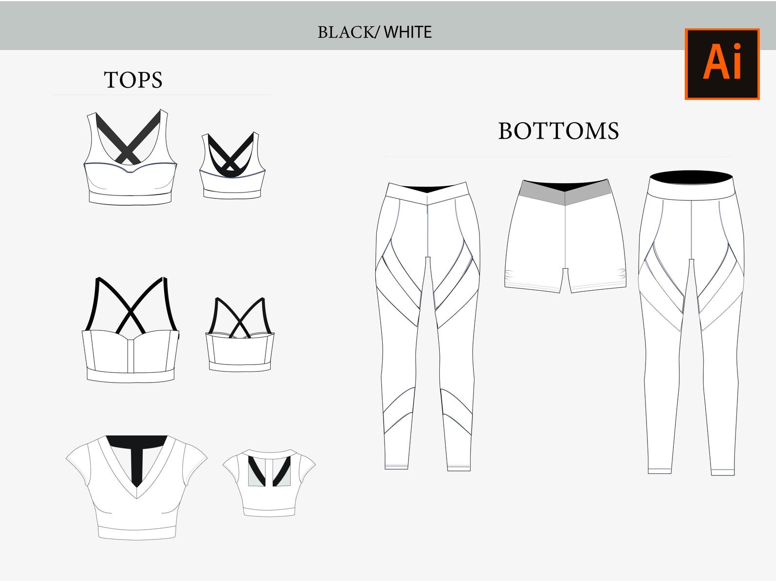 Fashion CAD Template | Adobe Illustrator Sketch:3 Outfits Top and ...