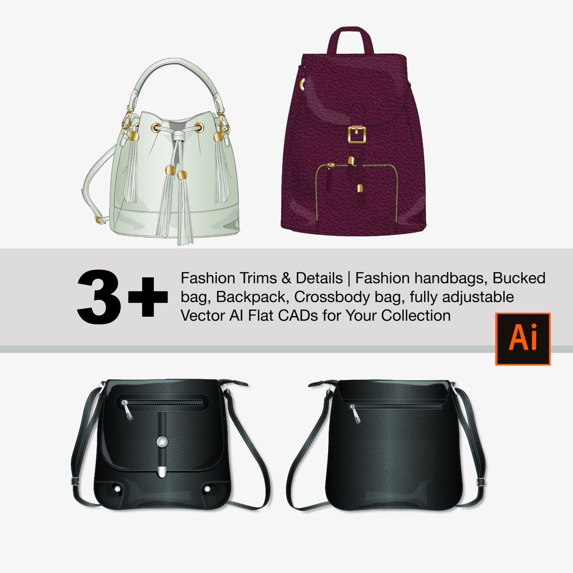 Fashion CAD Template | Adobe Illustrator Sketch: Handbags Bucked Bag ...