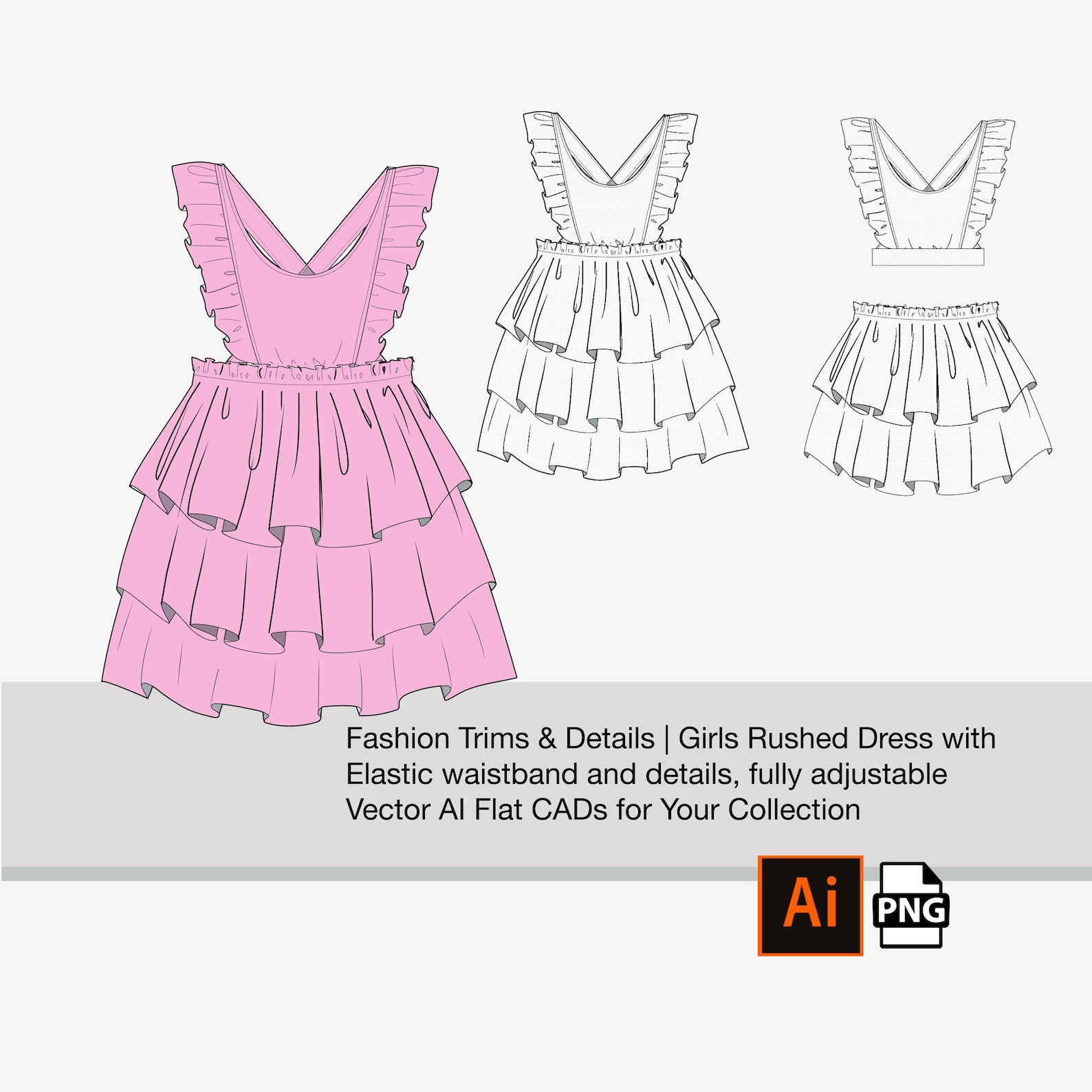 Fashion CAD Template | Adobe Illustrator Sketch: Girls Rushed Dress ...