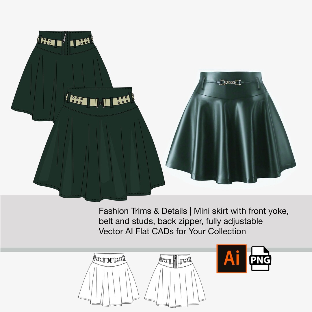 Fashion CAD Template | Adobe Illustrator Sketch: Mini Skirt With Belt ...