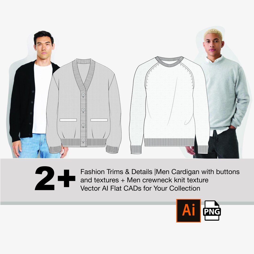Fashion CAD Template | Adobe Illustrator Sketch:cardigan and Crewneck ...