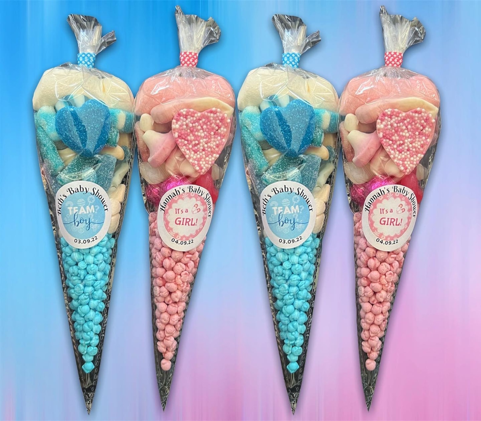 Baby Shower or Baby Gender Reveal Sweet Cones, Pink and Blue Sweets ...