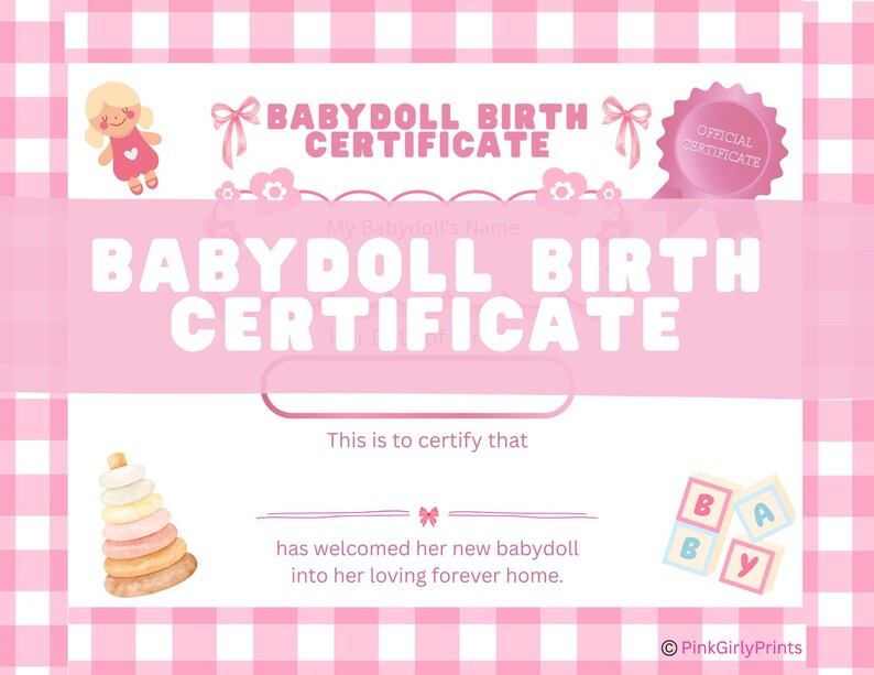 Baby Doll Birth Certificate: Printable Playtime Accessory (digital ...