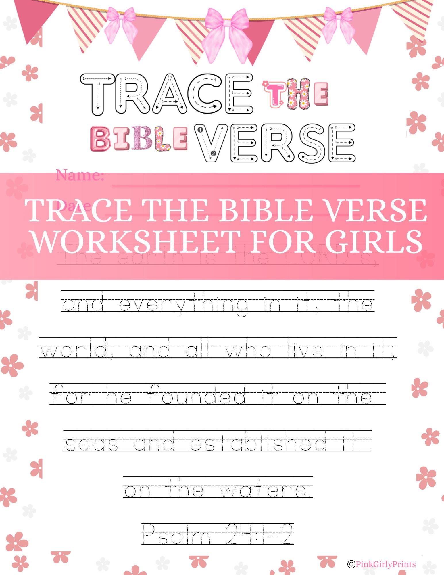 Pink Bible Verse Tracing Worksheet for Girls, Psalm 24:1-2 Sunday ...