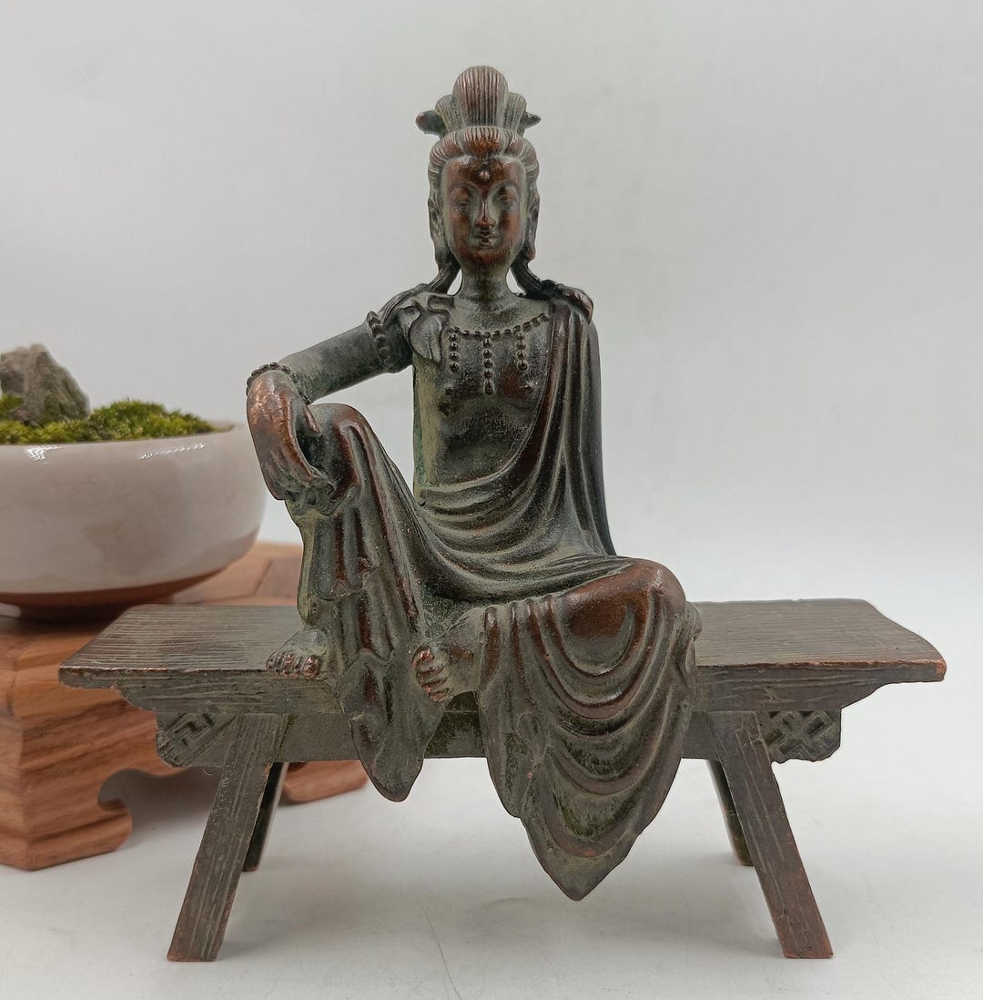 Collection Copper Kwan-yin Guanyin Bodhisattva Sit on Bench Meditation ...