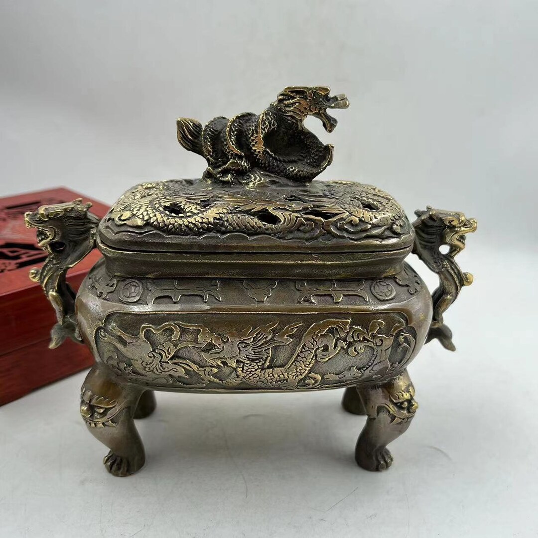 Retro Copper Dragon Cover Embossed Incense Furnace Tea Ceremony ...