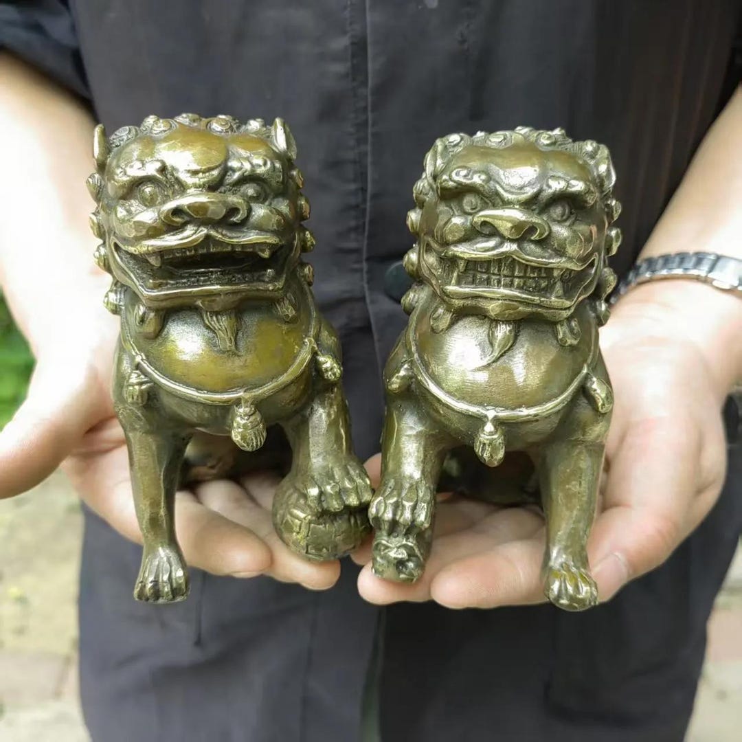 Pair Asian Copper Evil Fu Foo Dog Lion Statue Signed, Old Antiques ...