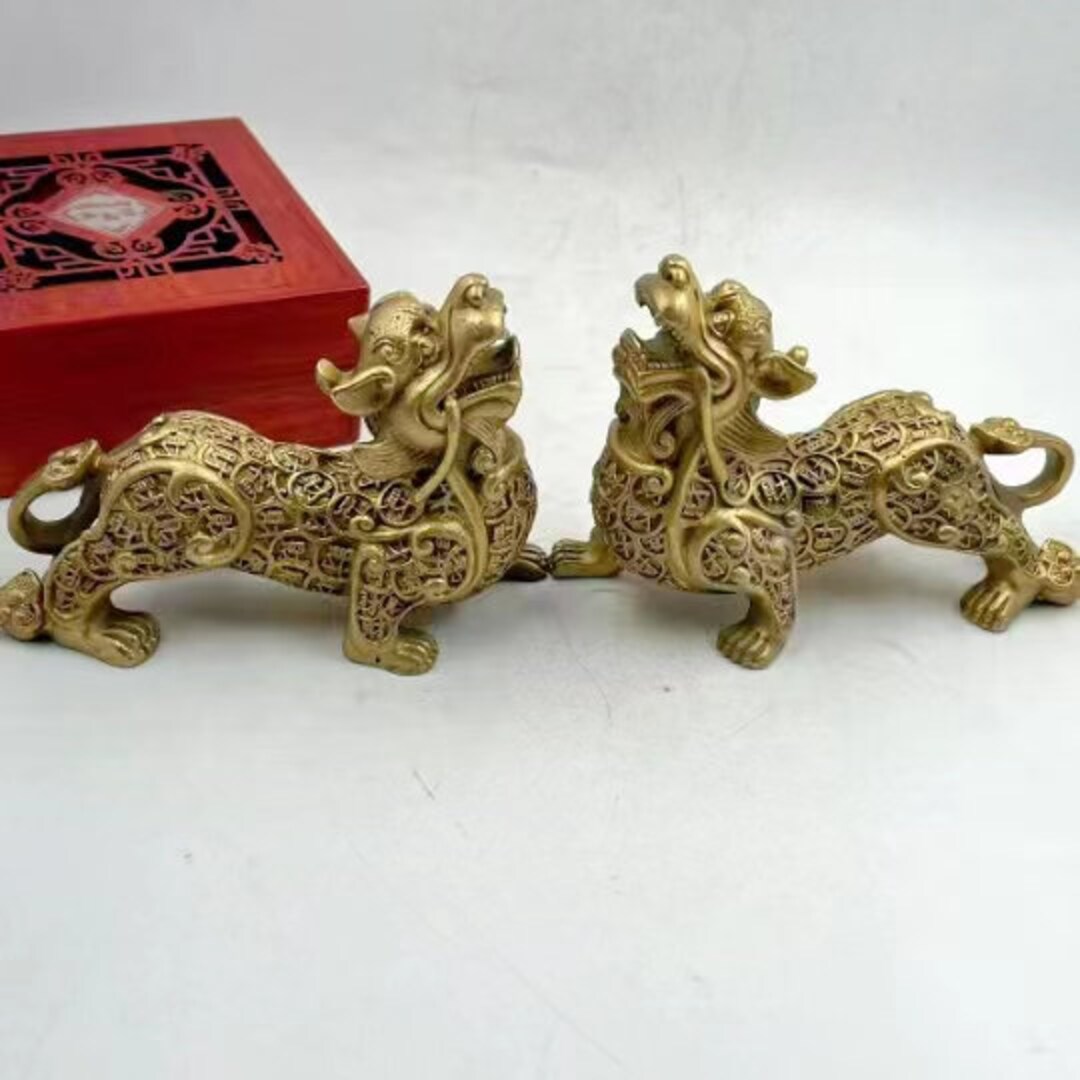 A Pair Fengshui Copper Pixiu Brass Lion Prosperity Figurine Animal ...