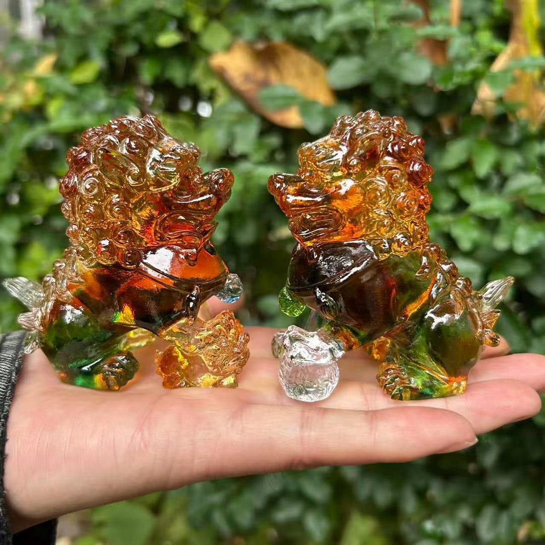 1pair Multicolor Crystal Foo Dog Statues – Glass Liuli Guardian Lions ...