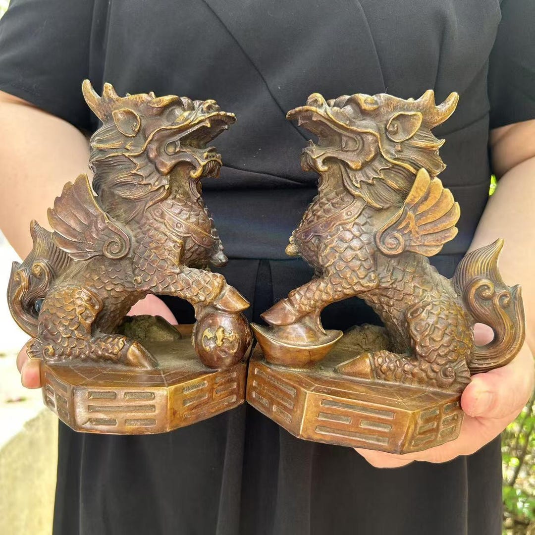 A Pair Brozen Feng Shui Chi Lin Qilin Kei Loons Dragon Horse Heavenly ...