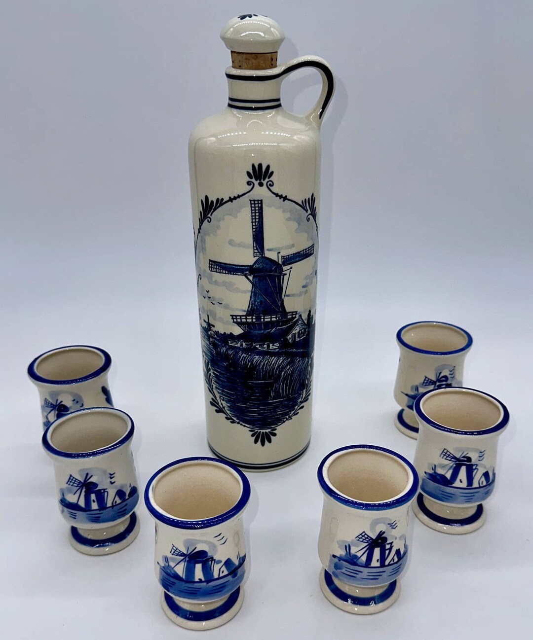 VINTAGE DELFT Blue Hand-painted DECANTER W/cork With 6 Ceramic Raised ...