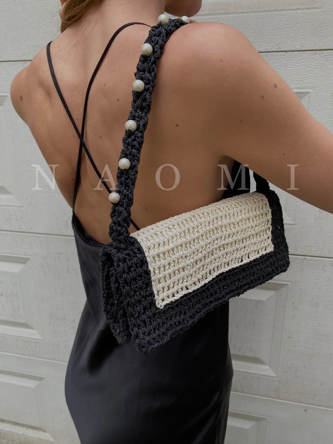 Black Raffia Bag | Black Straw Bag |cream Straw Bag, Pearl Shoulder Bag ...