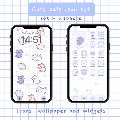 Cute Cats App Icons Pack Phone Theme Cute Wallpapers Ios - Etsy