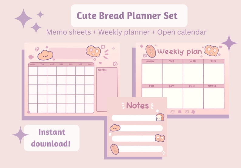 Cute Digital Bread Set | Open Calendar | Weekly Planner | Memo Sheets ...
