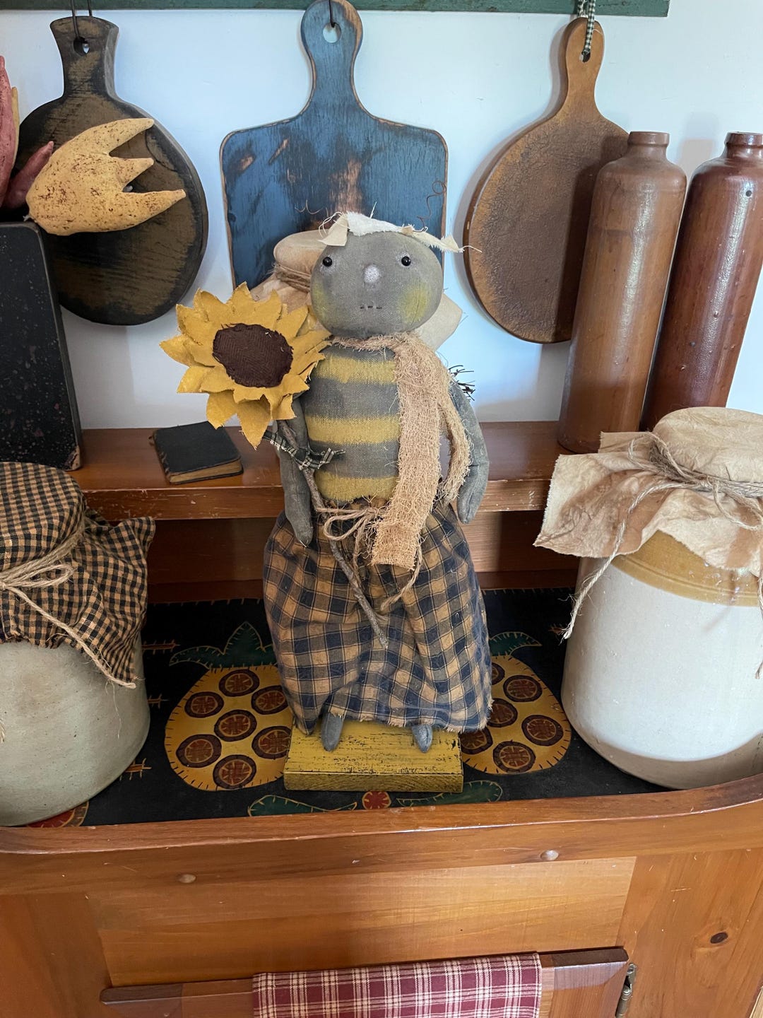 Primitive Bumble Bee Doll With Sunflower: Coffee Stained Muslin - Etsy