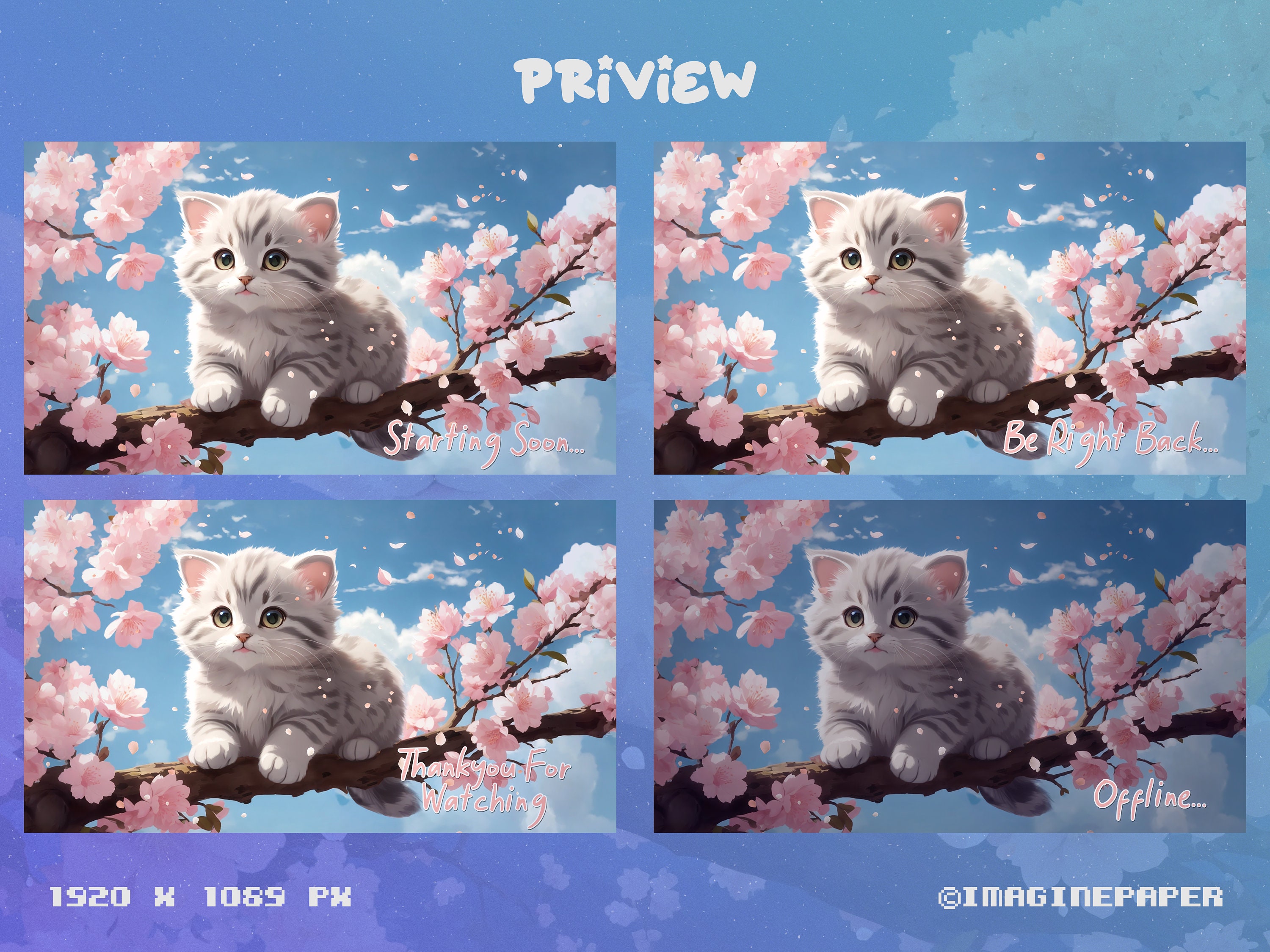 4x Animated Neko Lofi Stream Screen, Ghibli Vibes, Watercolor, Sakura ...