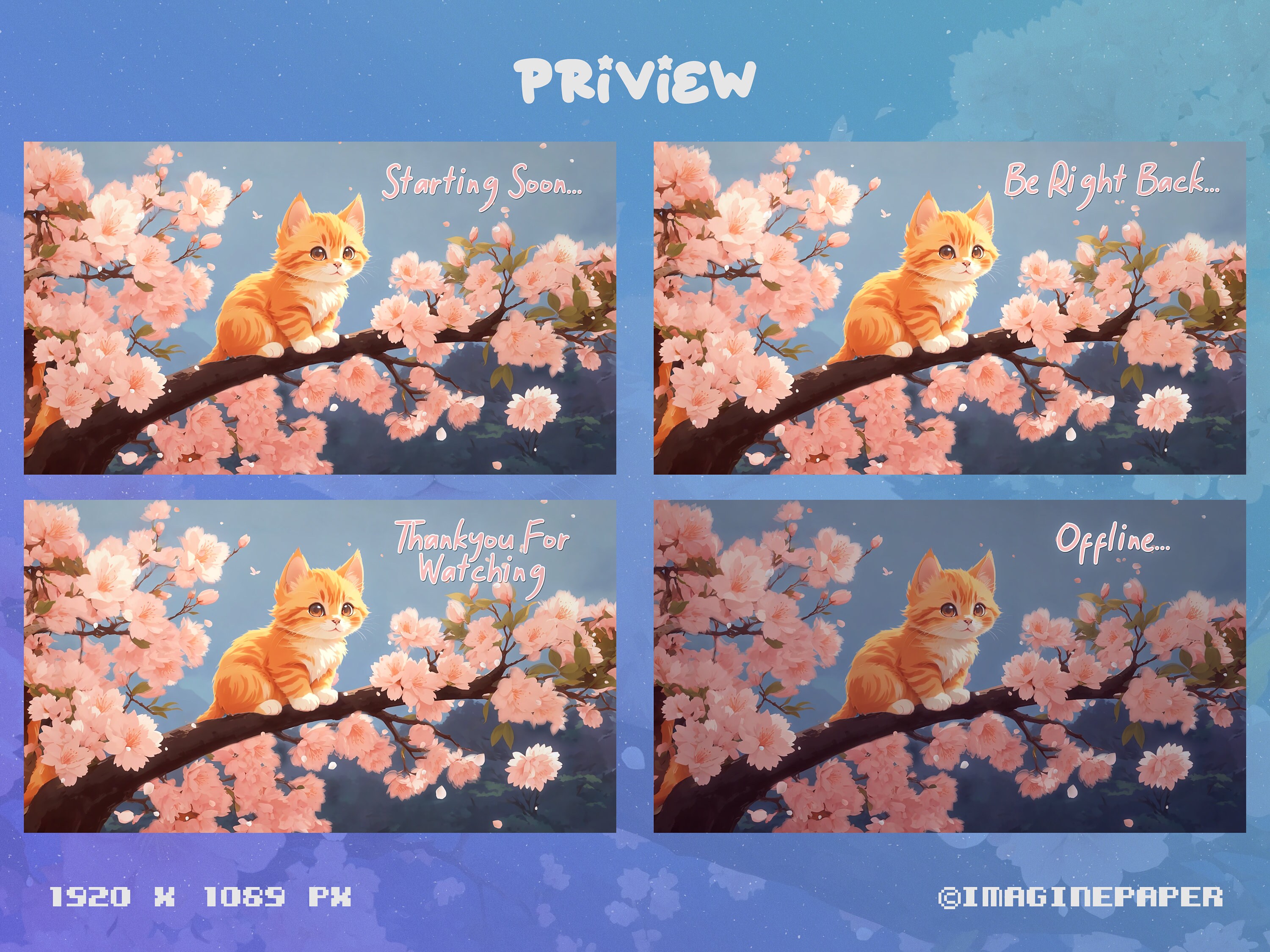 4x Animated Neko Lofi Stream Screen, Ghibli Vibes, Watercolor, Sakura ...