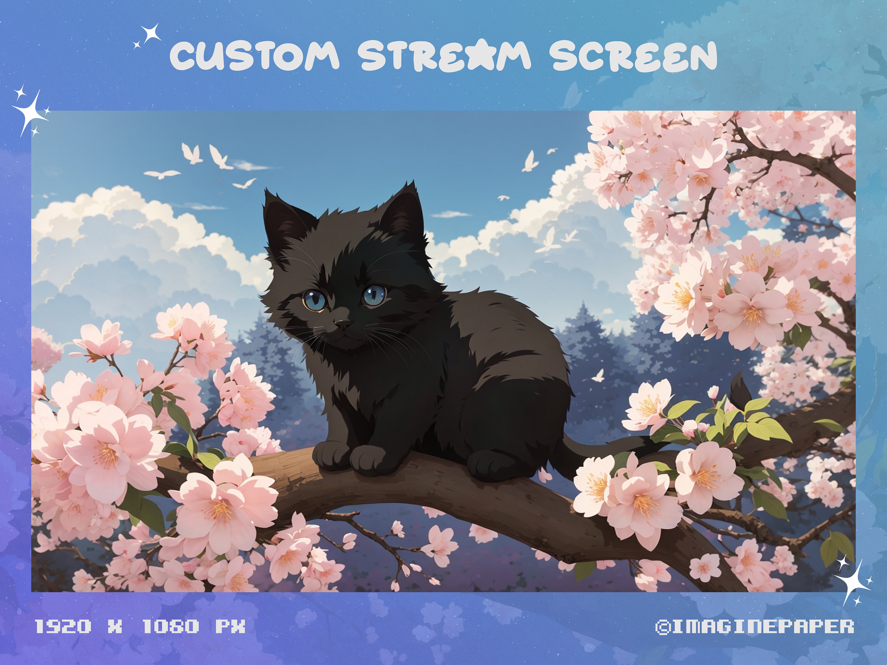 Custom Animated Neko Cat Lofi Stream Screen, Watercolor, Sakura Tree ...