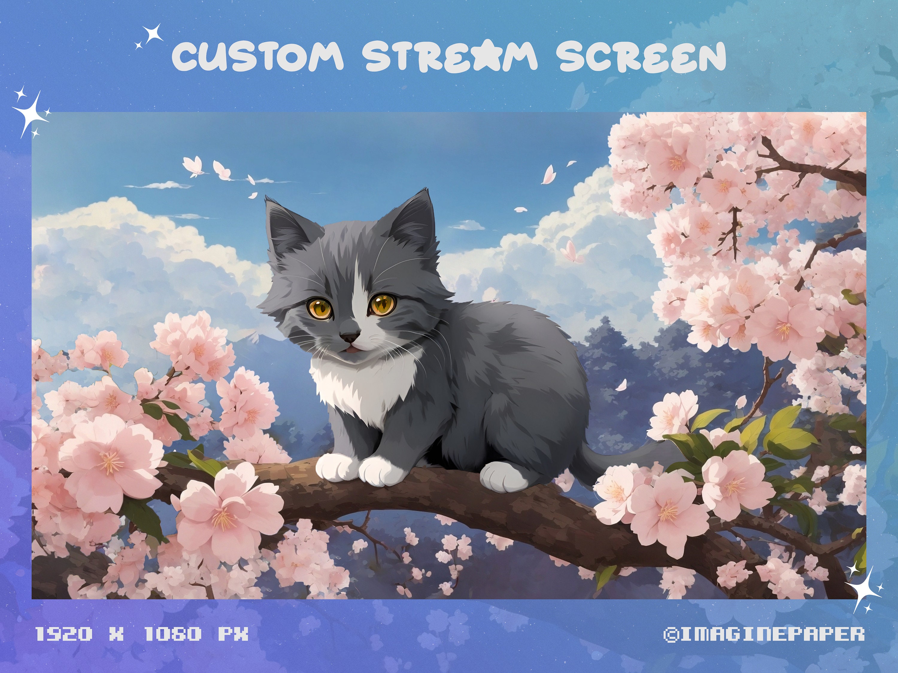 Custom Animated Neko Cat Lofi Stream Screen, Watercolor, Sakura Tree ...