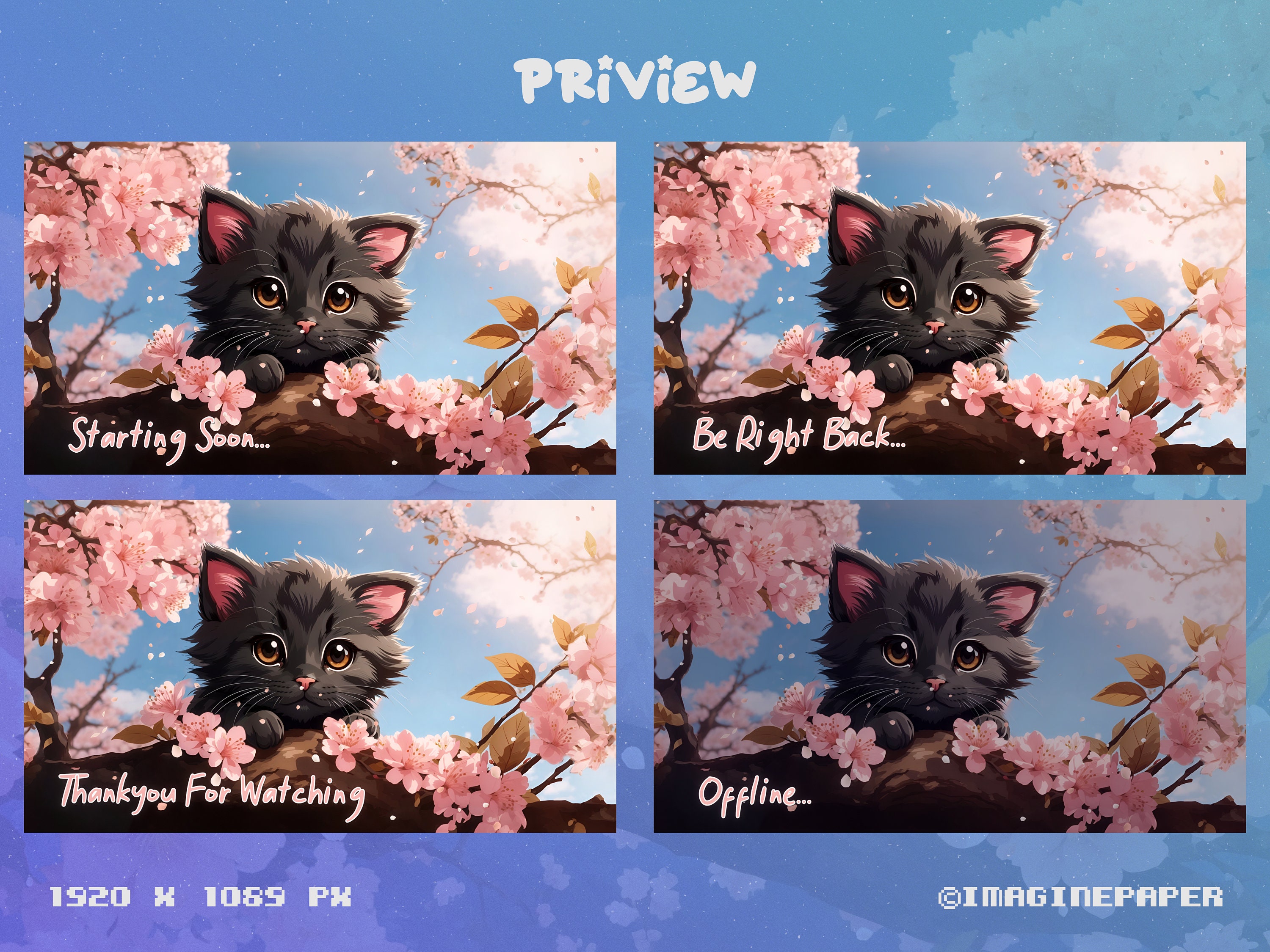 4x Animated Neko Lofi Stream Screen, Ghibli Vibes, Watercolor, Sakura ...