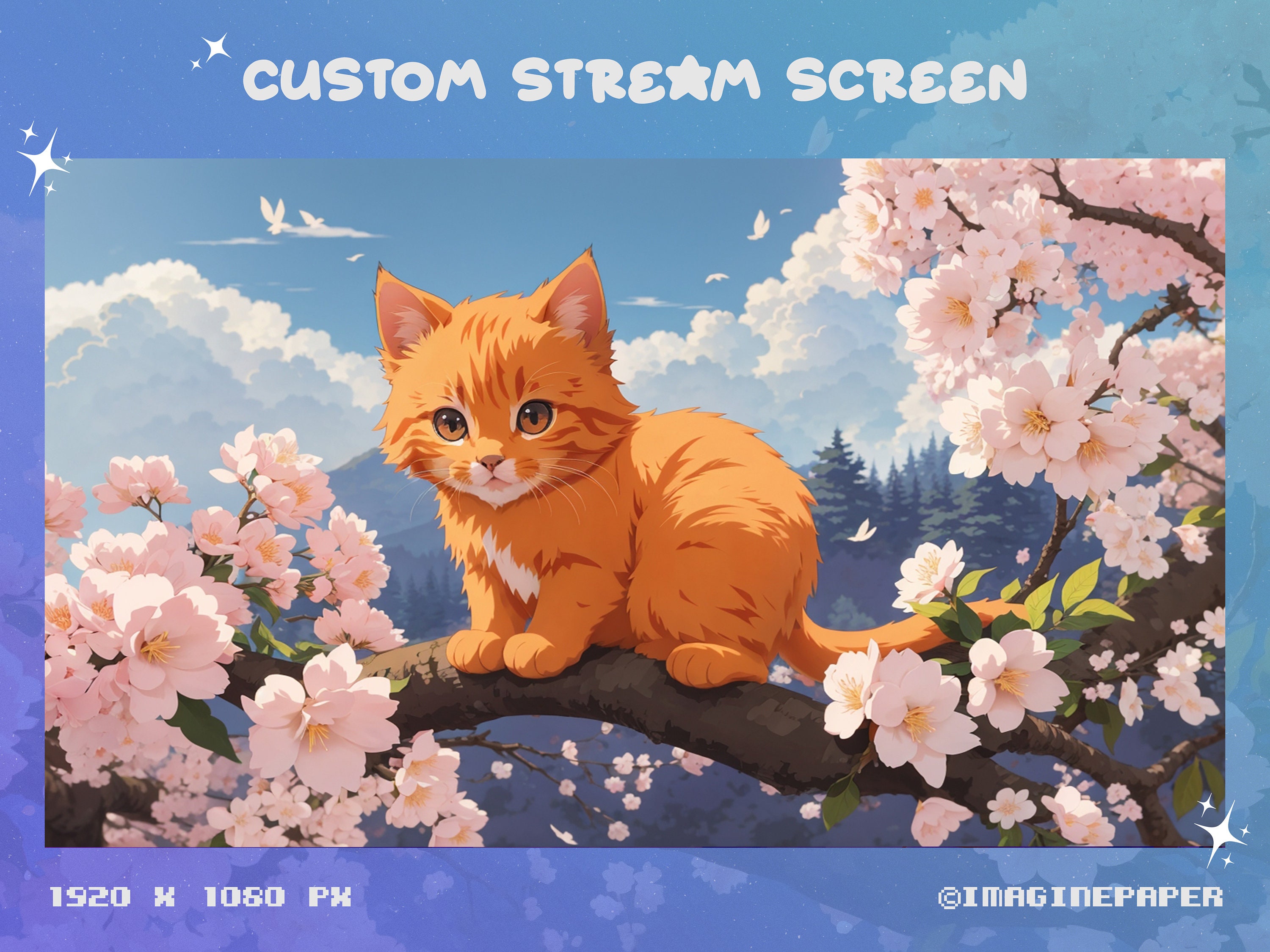 Custom Animated Neko Cat Lofi Stream Screen, Watercolor, Sakura Tree ...