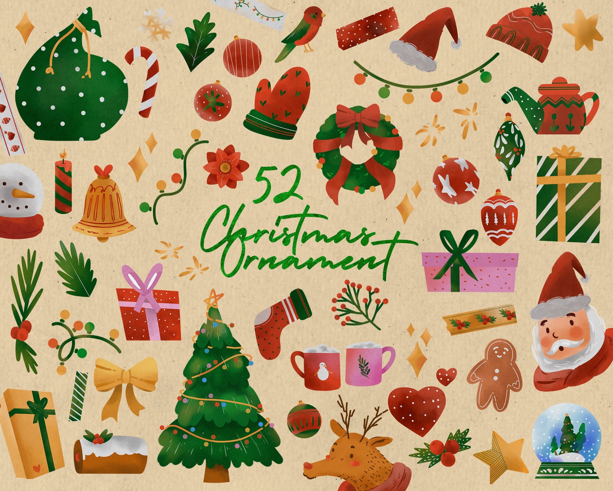 Clipart Christmas, Clipart Bundle PNG, Christmas Ornaments, Watercolor ...