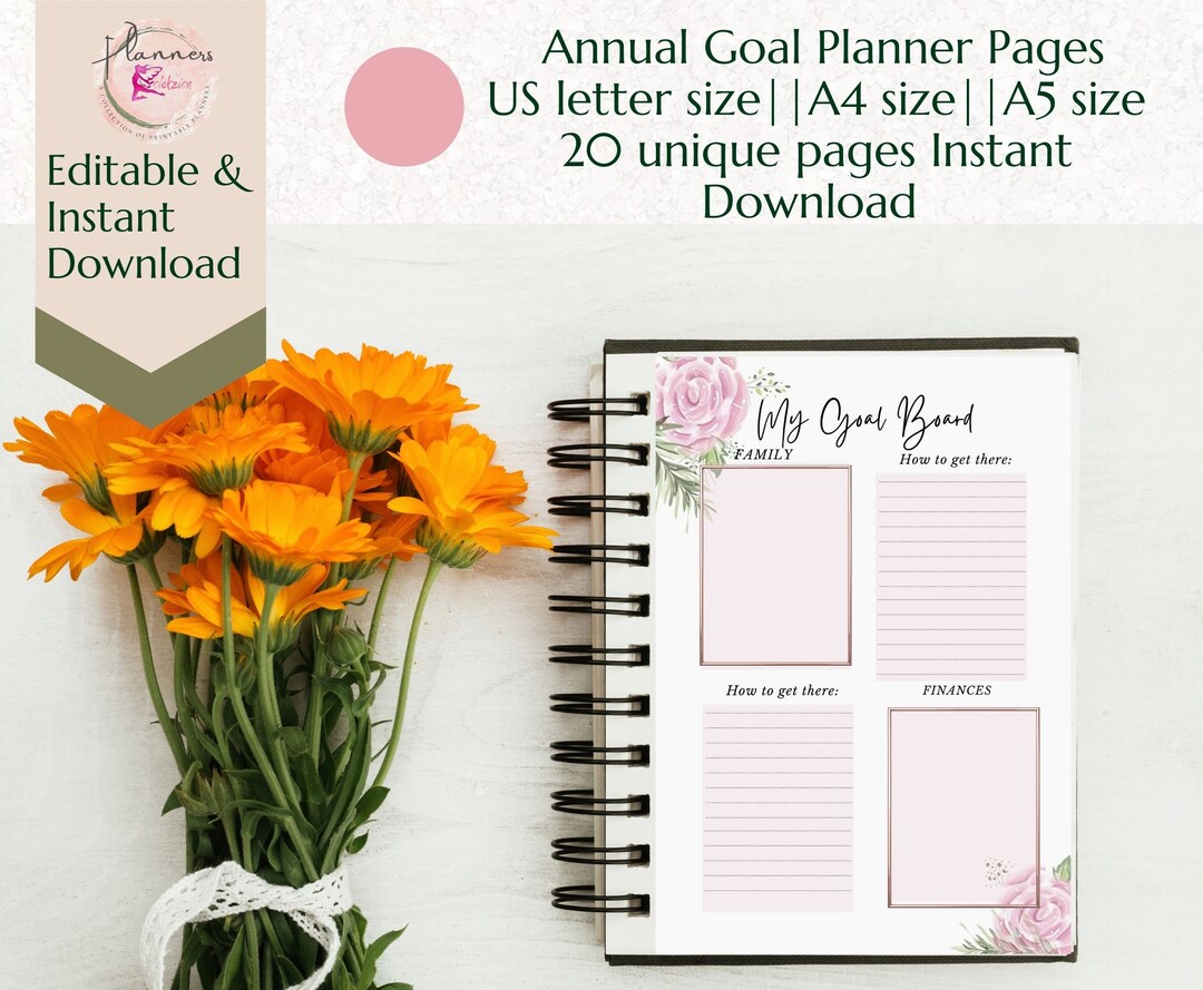 Floral Goal Planner. Vision Board Template. A5 Goal Printable Insert ...