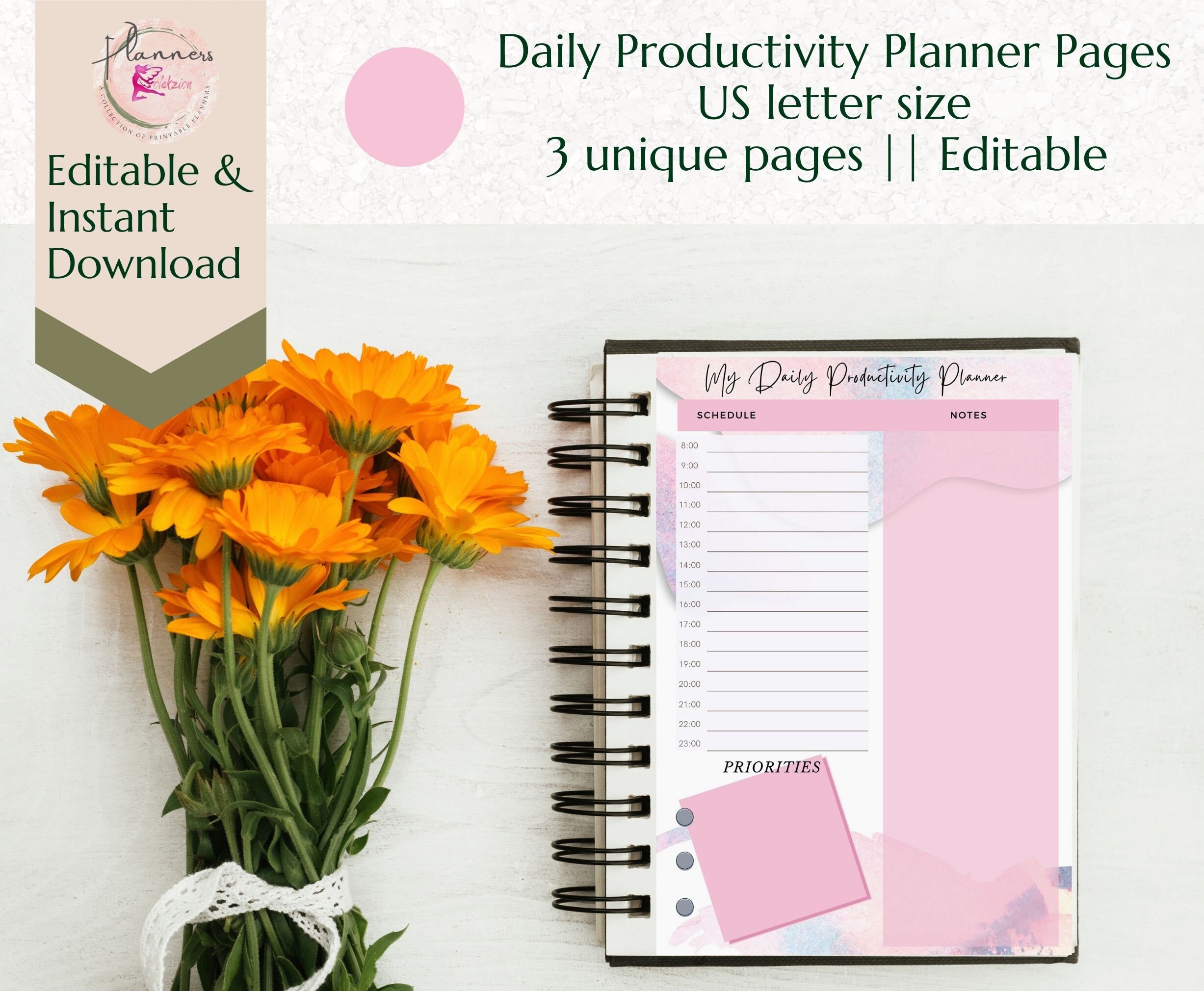 Undated Daily Planner Printable. Editable Pink Daily Journal. Daily ...