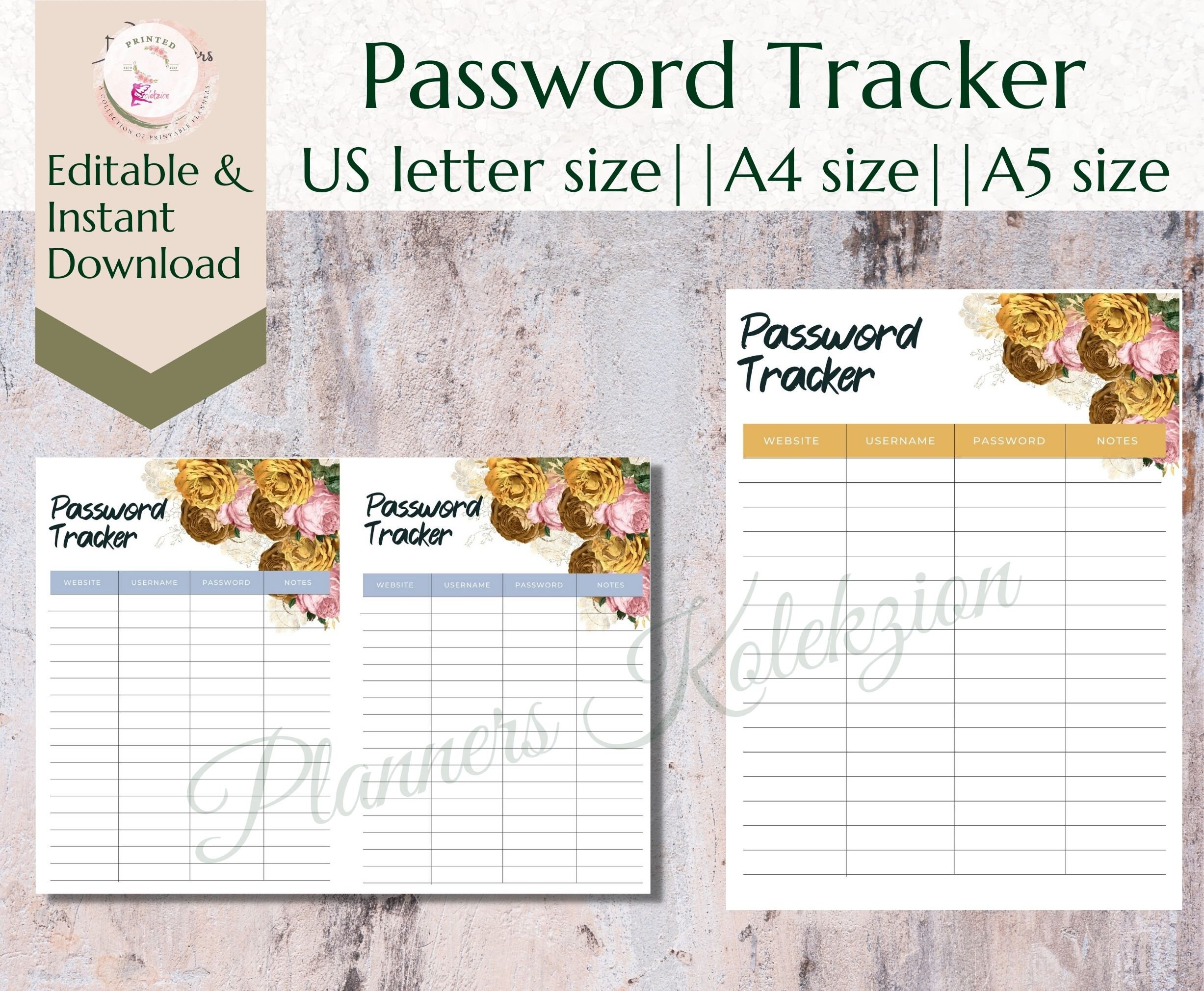 Floral Password Tracker Fillable, Digital and Printable. Password ...