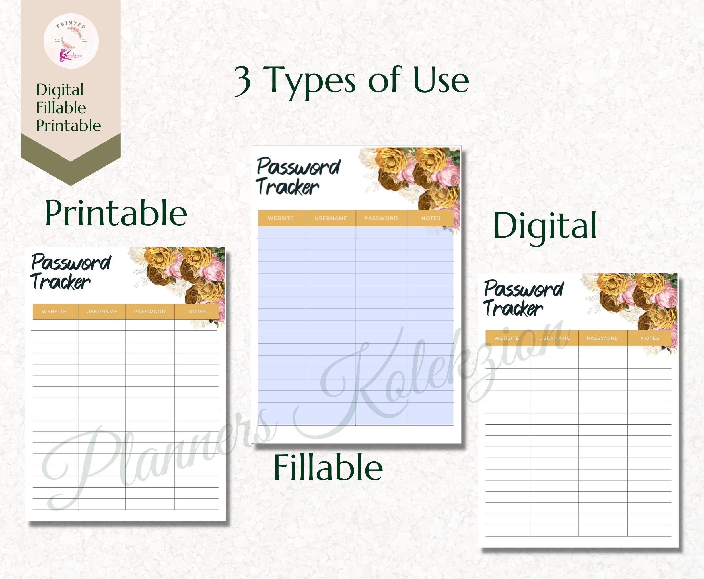 Floral Password Tracker Fillable, Digital and Printable. Password ...