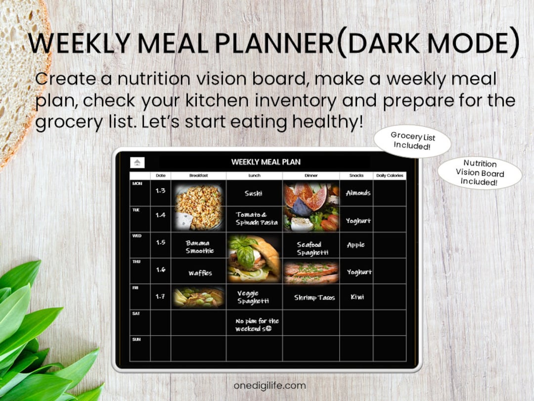Minimal Digital Weekly Meal Planner With Nutrition Vision Board ...