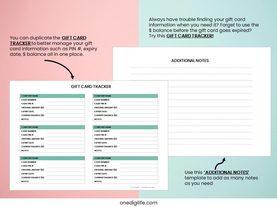 Printable Gift Card Tracker/ Gift Card Organizer | Goodnotes ...