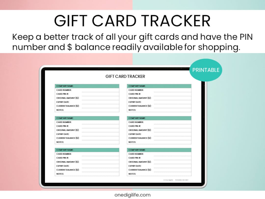 Printable Gift Card Tracker/ Gift Card Organizer | Goodnotes ...