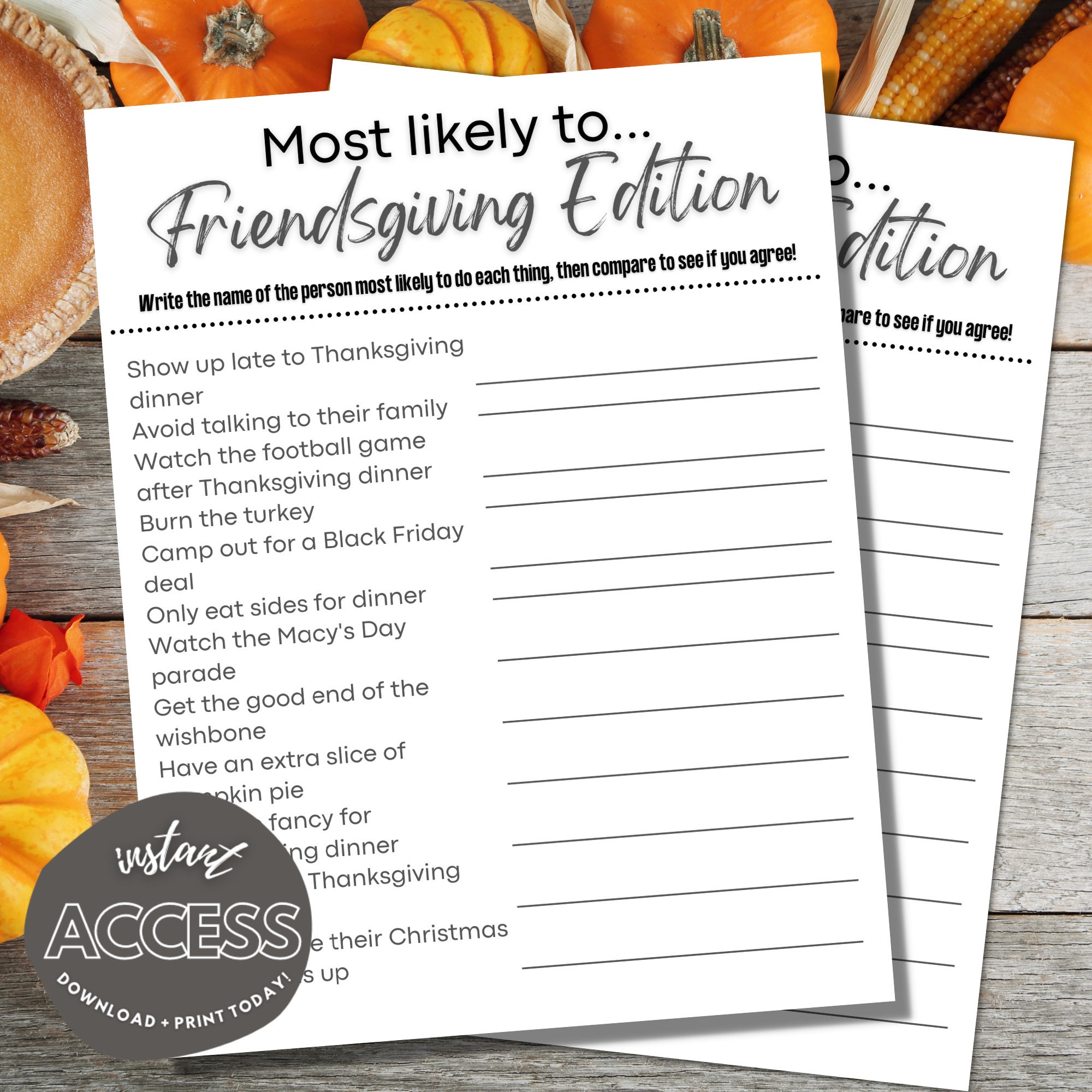 Most Likely to Game Friendsgiving Edition Party/event Activity Instant ...