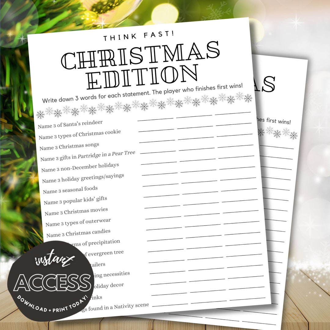 Think Fast Christmas Edition Game - Printable Digital Games - Winter ...