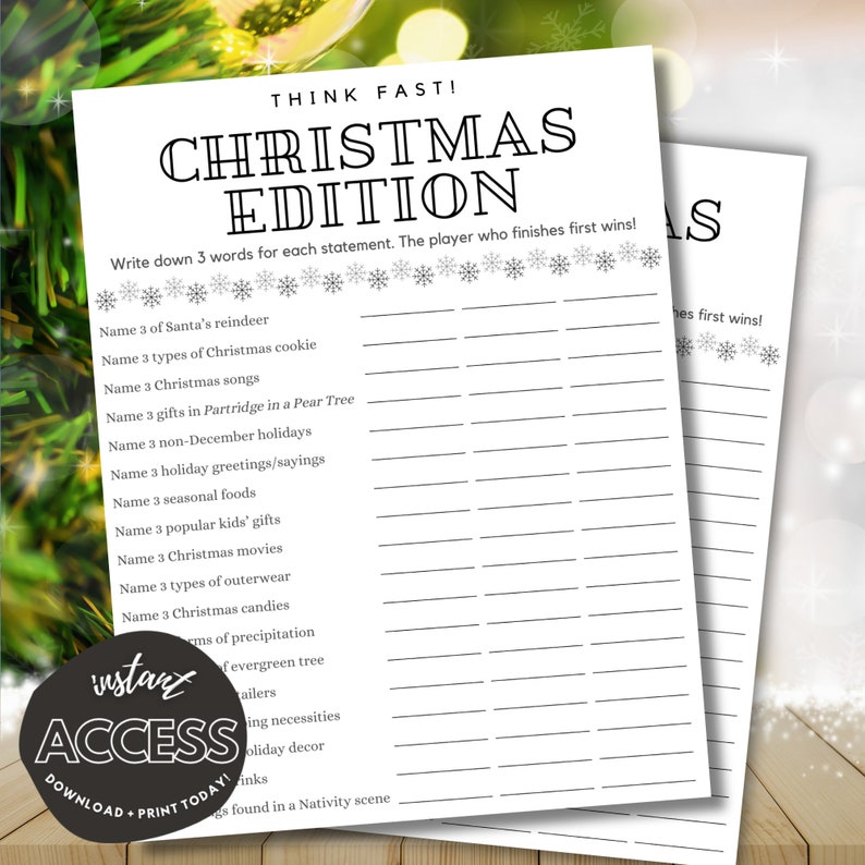 Think Fast Christmas Edition Game - Printable Digital Games - Winter ...
