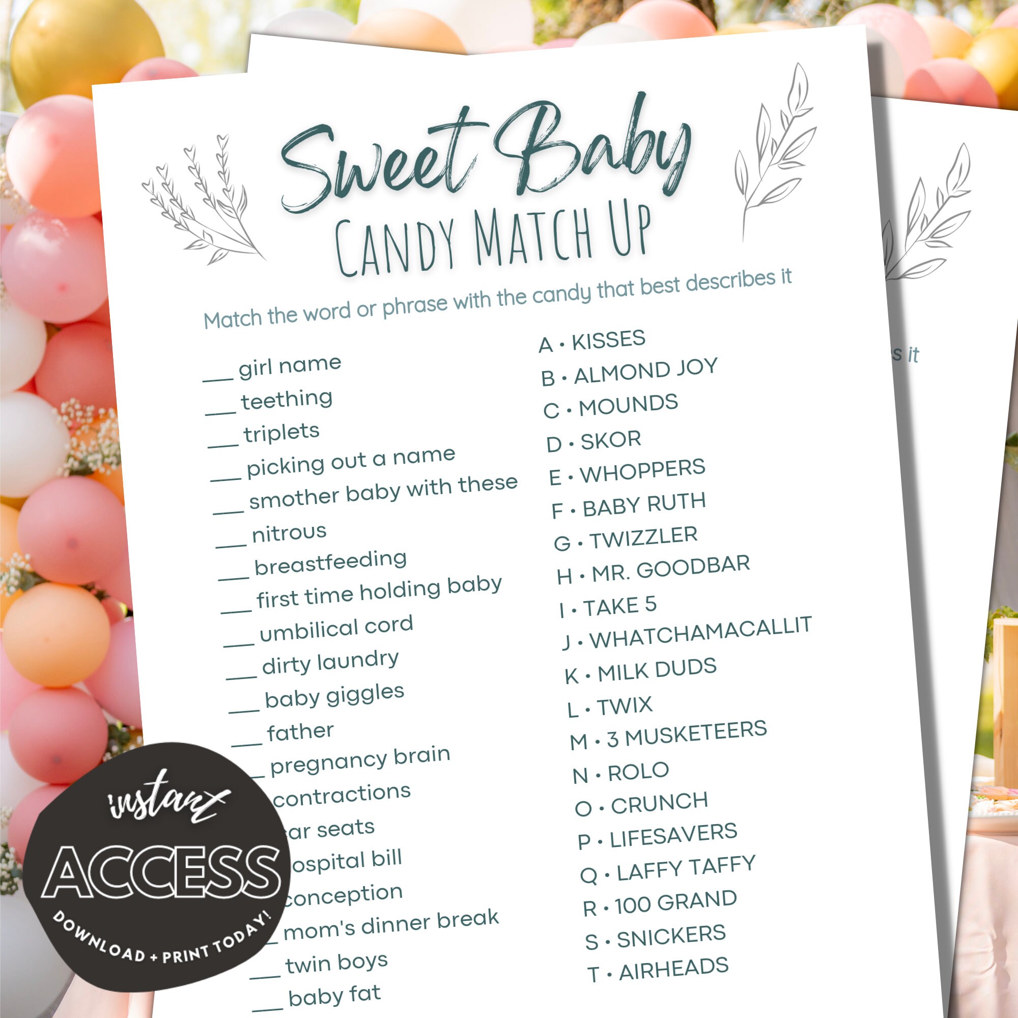 Sweet Baby Candy Match Game W Answer Key Baby Shower Activity Instant