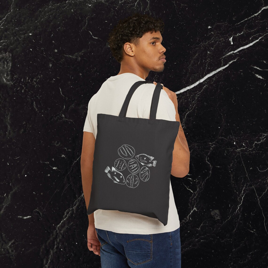 Fish and Loaves Tote Bag Black Minimalist Christian Tote Bag for Bibles ...
