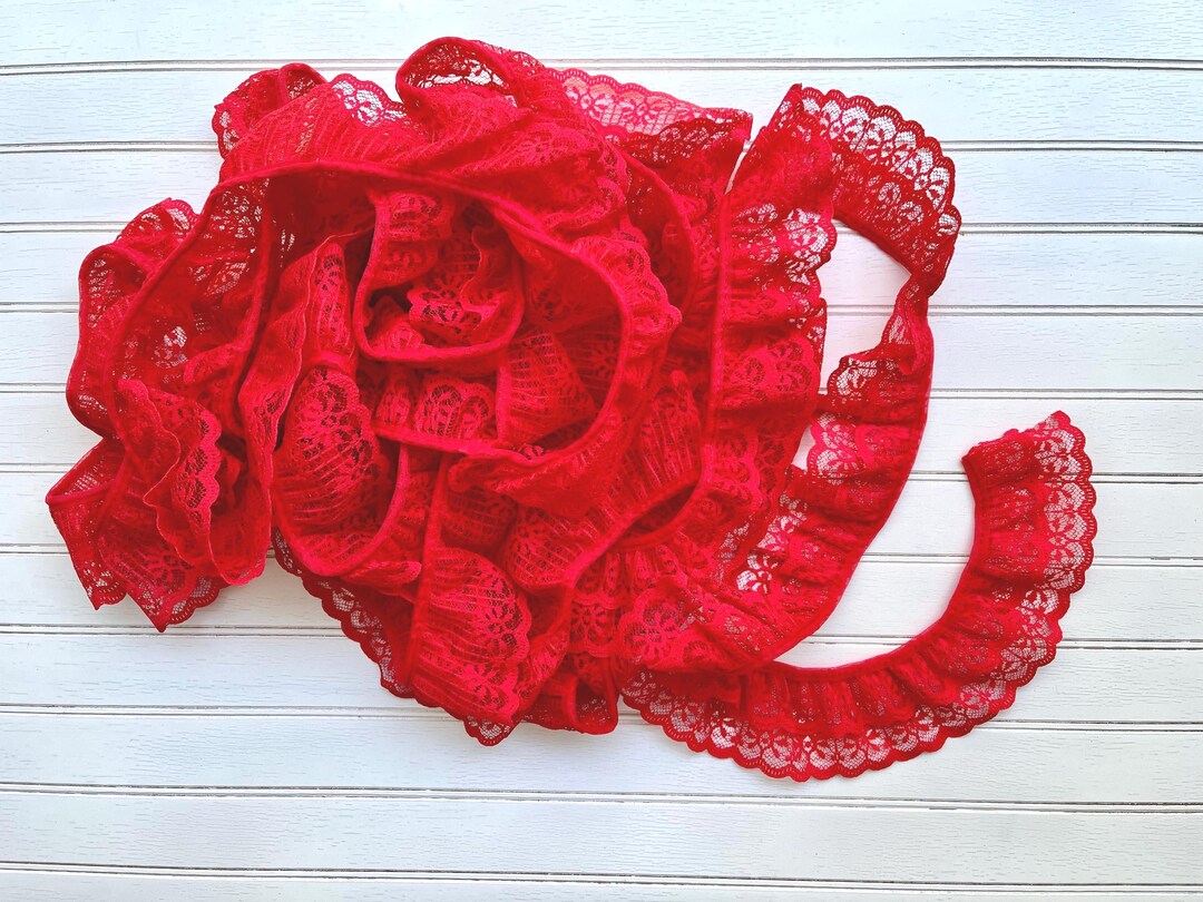 Red Lace Double Ruffled Gathered Trim, 6 1/2 Yard Lot, 2"w Polyester ...