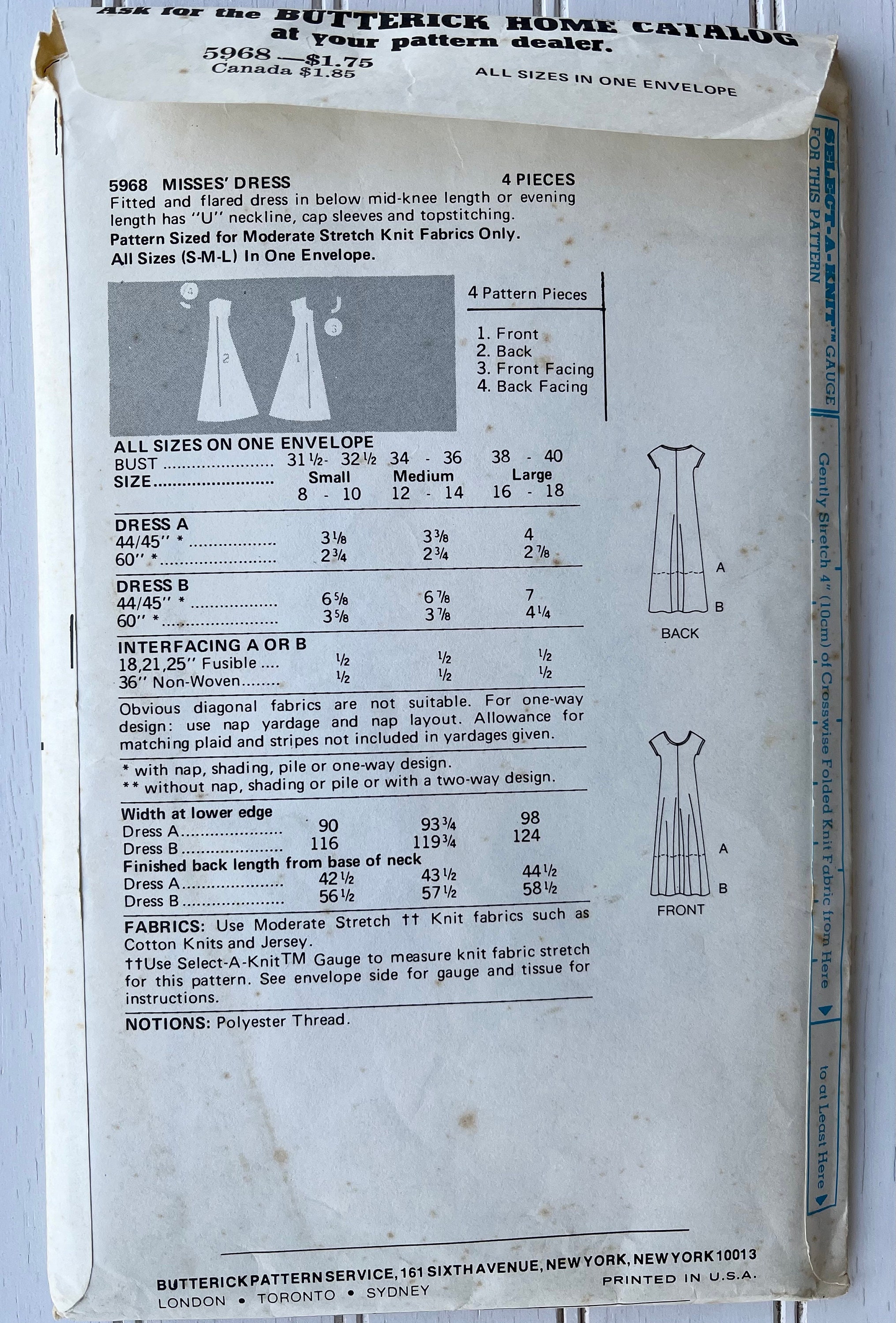 Butterick Pattern, 5968, Super Quick Stretch Knit Dress, All Sizes ...