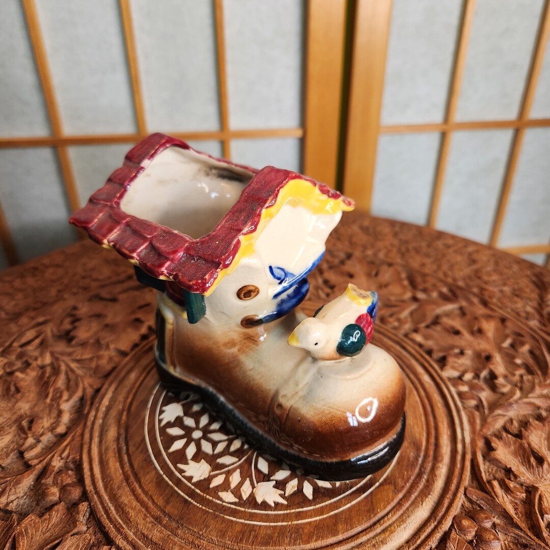 Planter, Shoe House, Little Old Lady Fairy Tale, Bird, Ceramic, Vintage ...