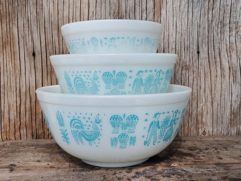 Pyrex Mixing Bowls, Set of 3, Amish Butterprint, Nesting, Blue, Teal ...