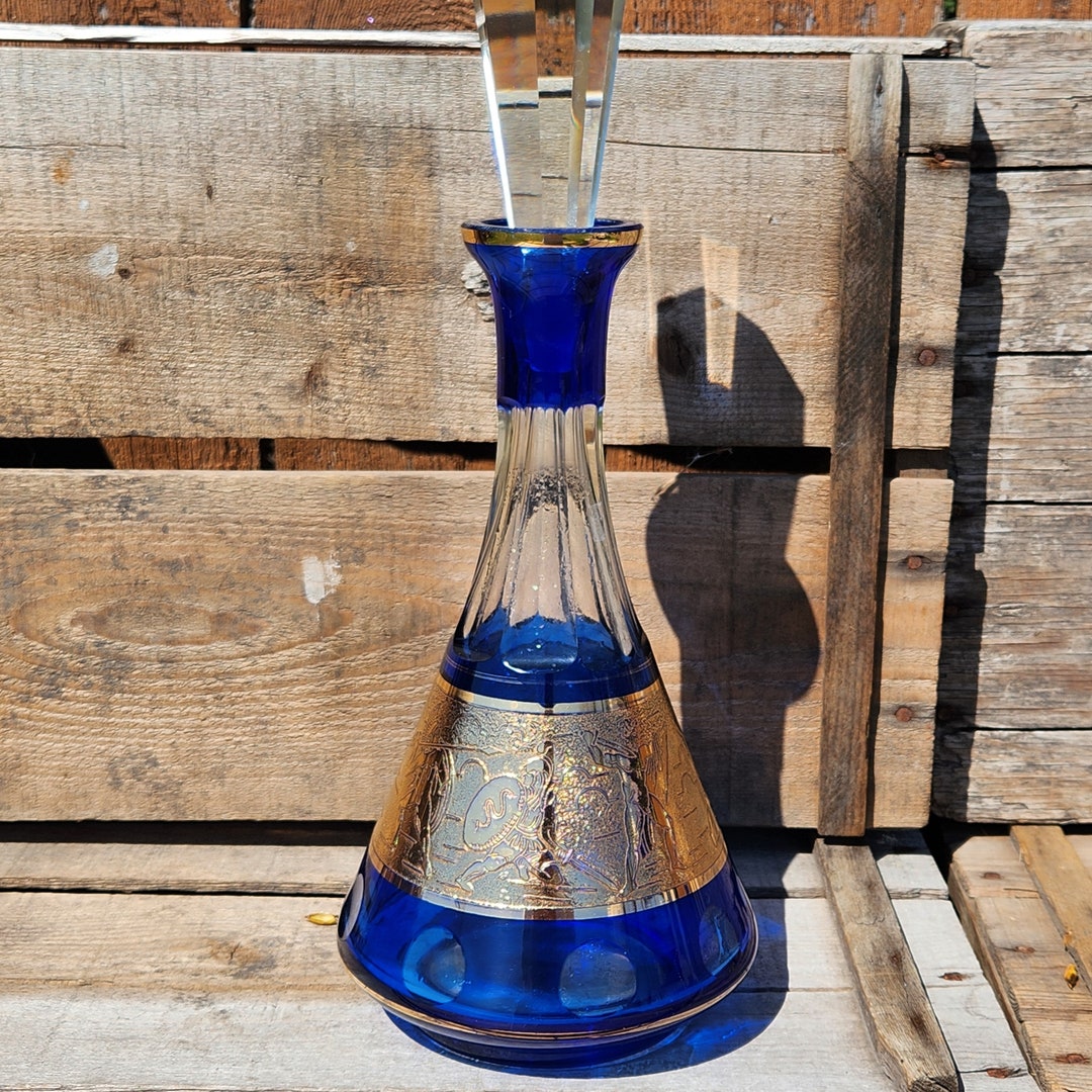 Decanter, Deep Blue W/ Gold Inlay, Crystal Glass, Carafe, Classical ...